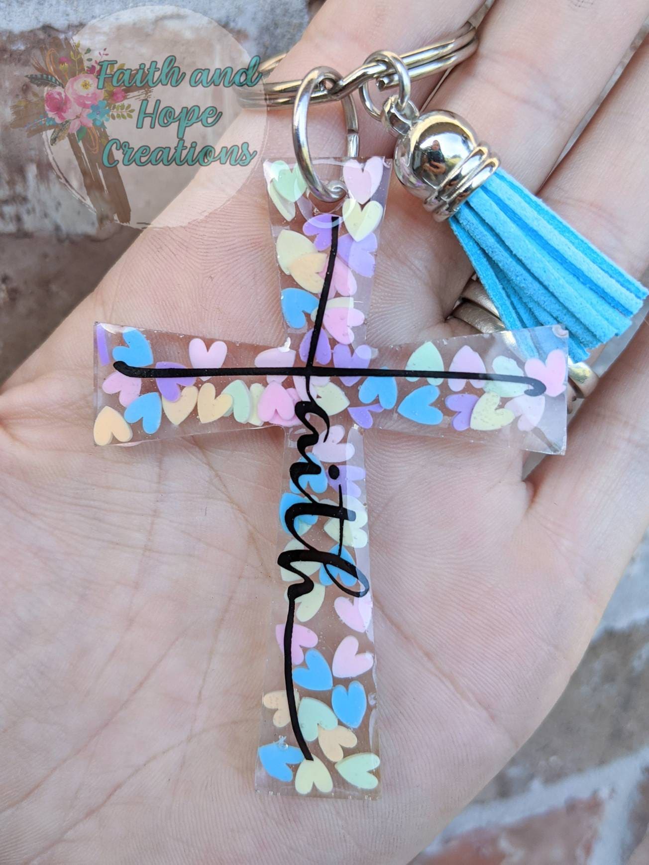 Pastel heart faith cross keychain | Etsy