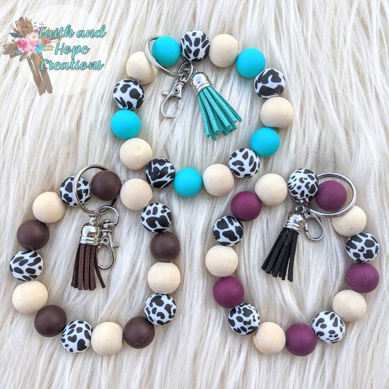 Beaded Cow Print Keychain Bracelet | Etsy