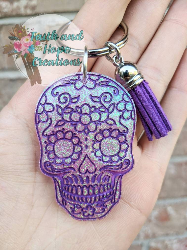 Sugar Skull Glitter Keychain - Etsy