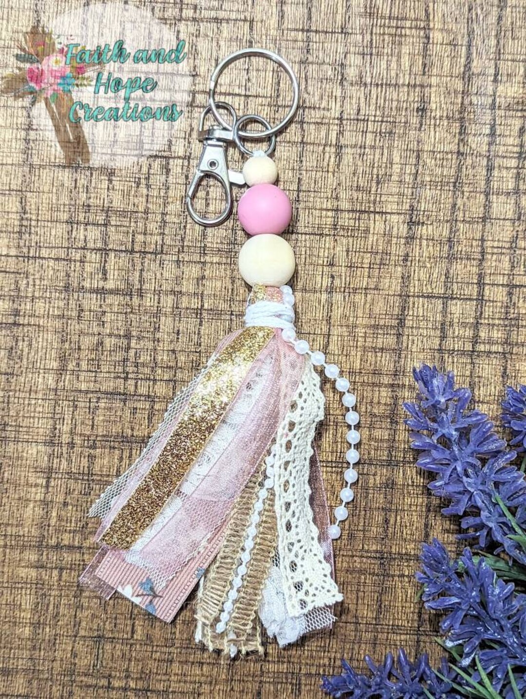 Rose and Gold Floral Print Purse Charm, Bag Charm, Ribbon Keychain ...