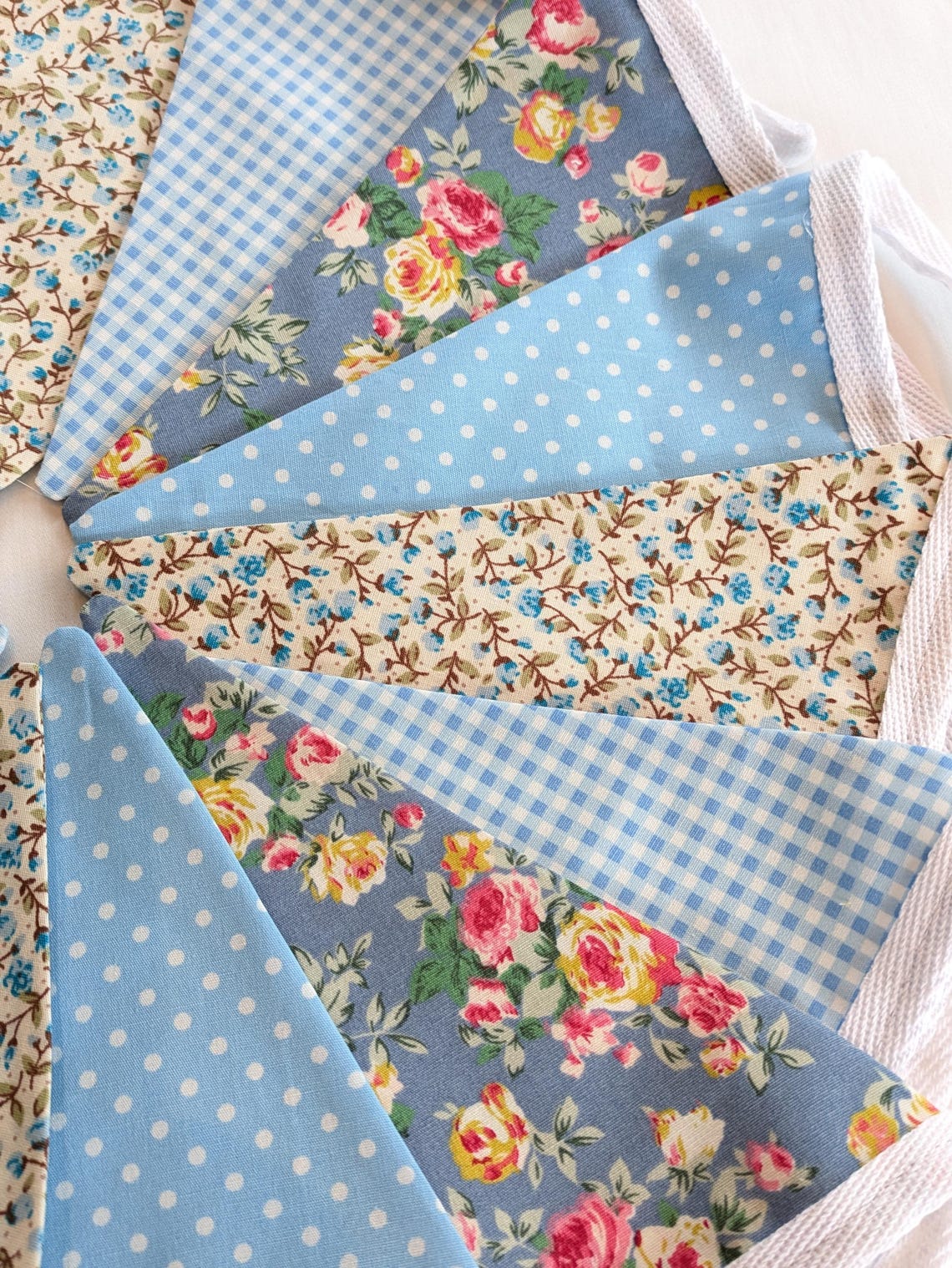 Floral Fabric Bunting: Rosebud, Dots, Blue & Green Garden Party Decor ...