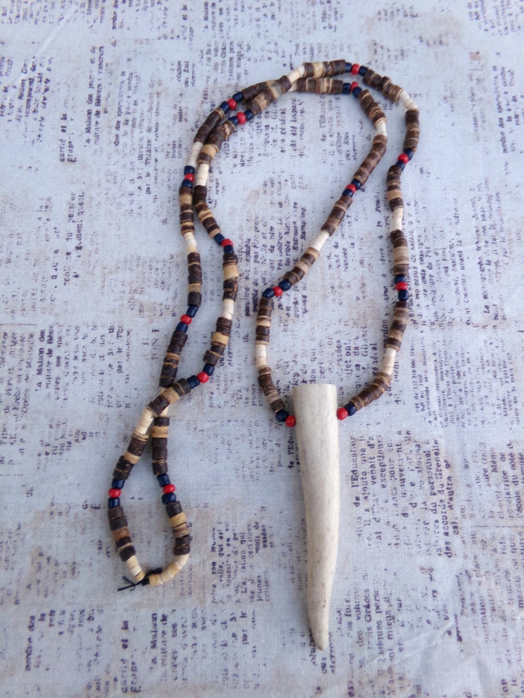 Deer Antler Necklace Beaded Tribal Long Rustic Natural Pattern Pendant ...