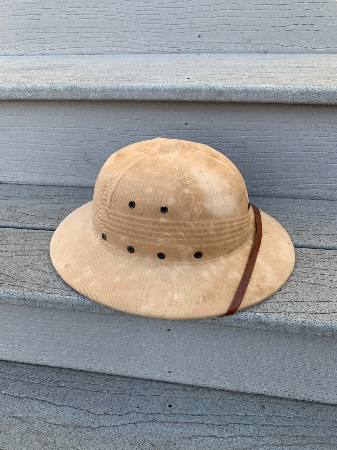 Safari Hat Tan Canvas Vintage Leather Strap Desert Explorer Helmet Pith ...