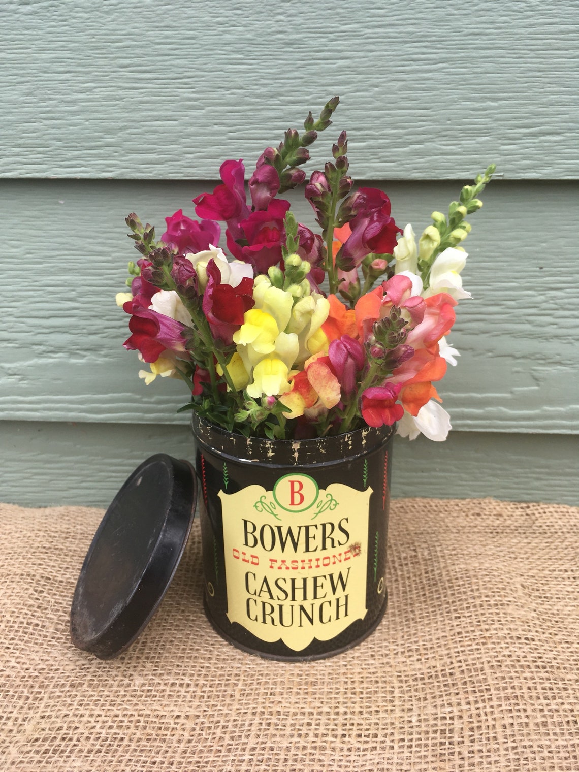 Bowers Vintage Tin Cashew Crunch Can Container Bin Old Fashioned Metal ...