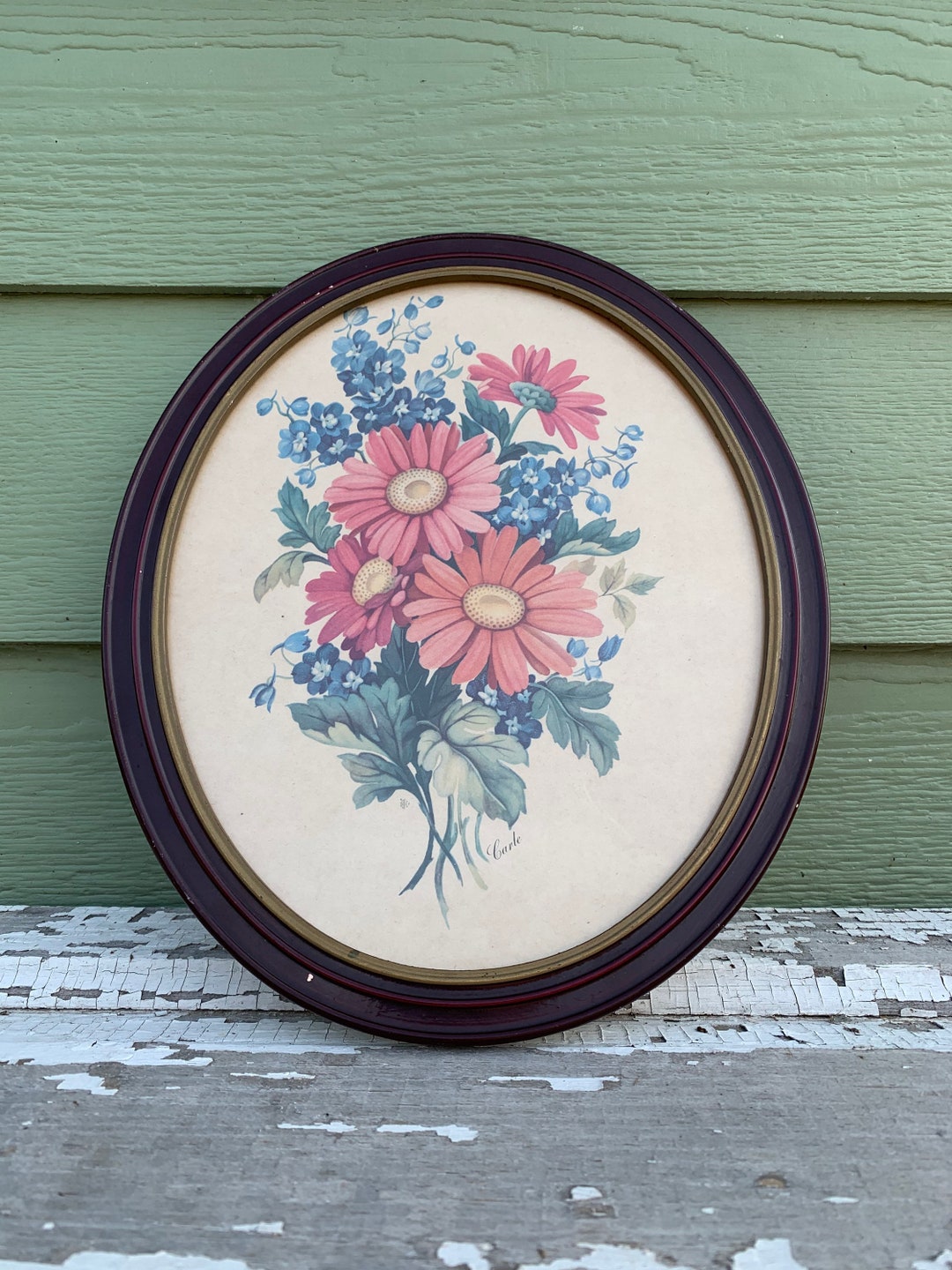 Floral Art Print Carle Vintage Oval Pictures Original Frame Painted ...