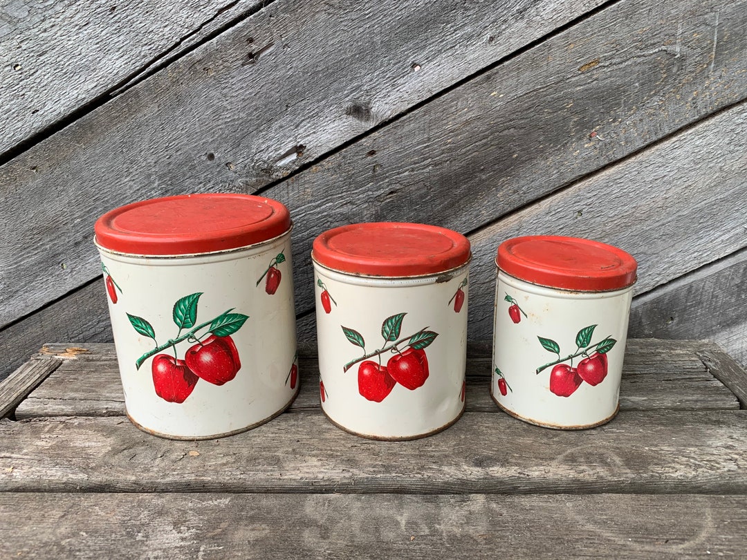 Apple Tin Canister Set White Red Metal Vintage Kitsch Kitschy Mid ...