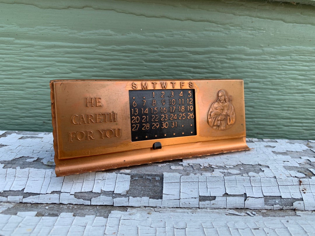 Copper Perpetual Year Calendar Desk Collectible Good Shepard Jesus He ...