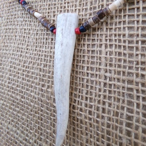 Deer Antler Necklace Beaded Tribal Long Rustic Natural Pattern Pendant ...