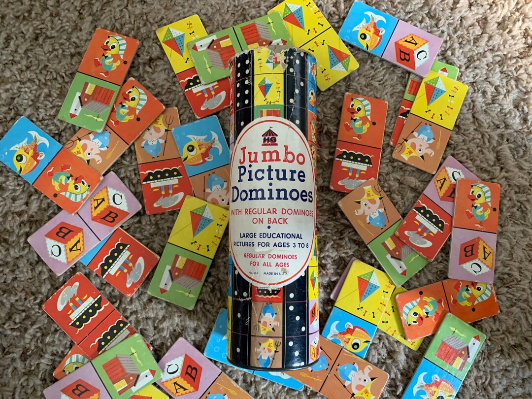 Jumbo Picture Dominoes Large Educational Vintage Cardboard Tube Can ...