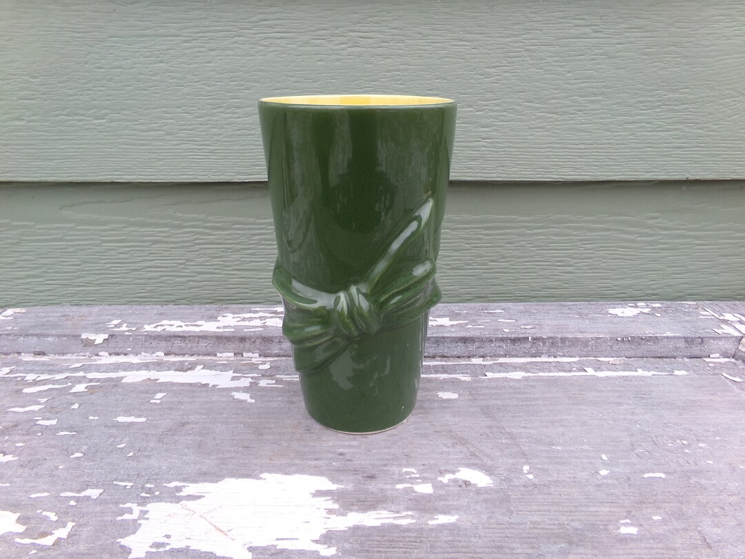 Red Wing Vase Bow Pottery Ribbon Tied Green Yellow Vintage Cottage ...