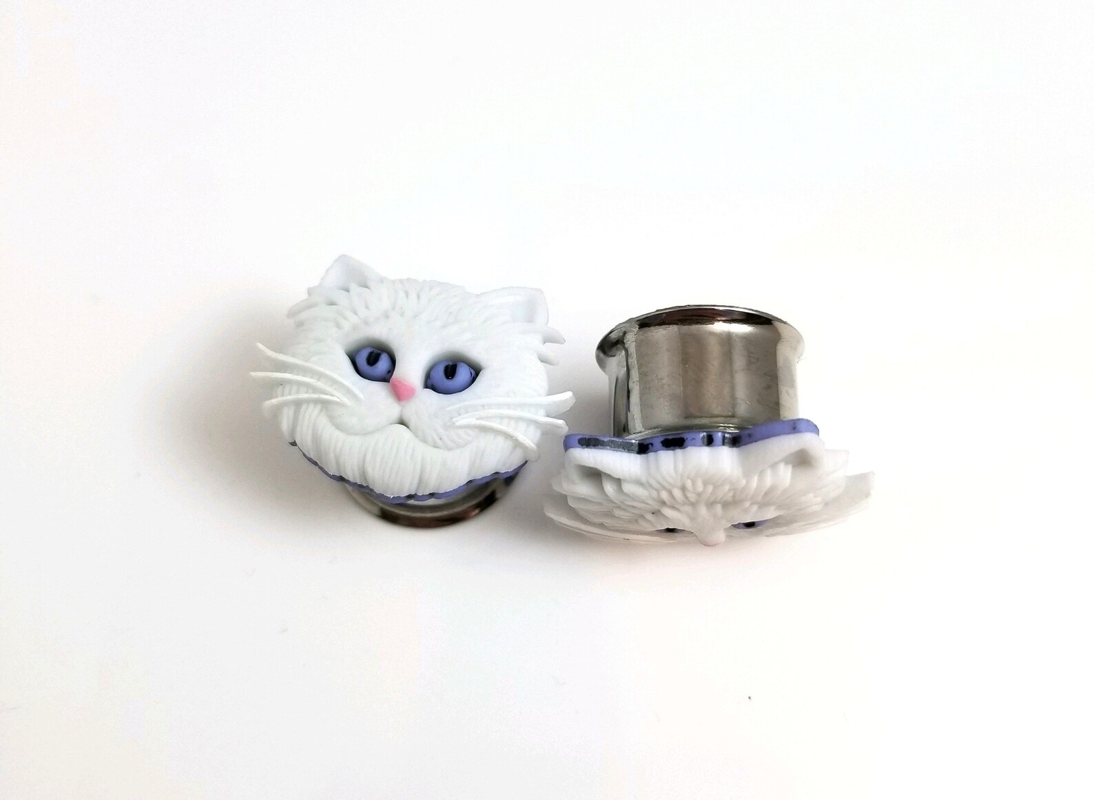 Pair White Cat Stainless Steel Plugs Handmade Double Flare - Etsy