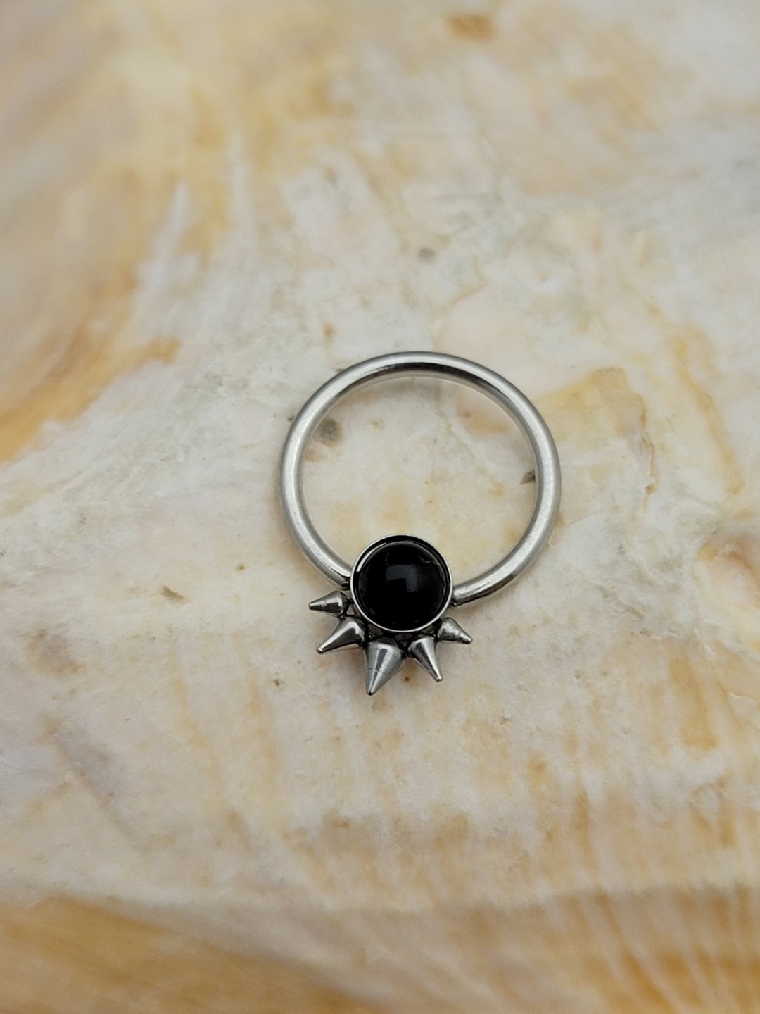 16G Onyx and Spike Captive Bead Ring Charm Septum, Cartilage Piercing ...