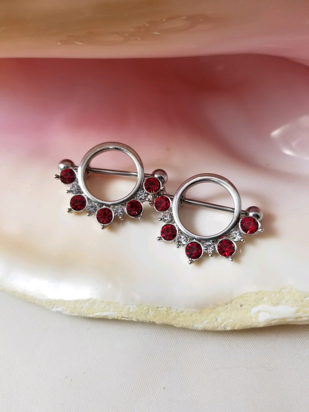 14G Surgical Steel Red and Clear Half Circle CZ Gem Nipple Shield ...