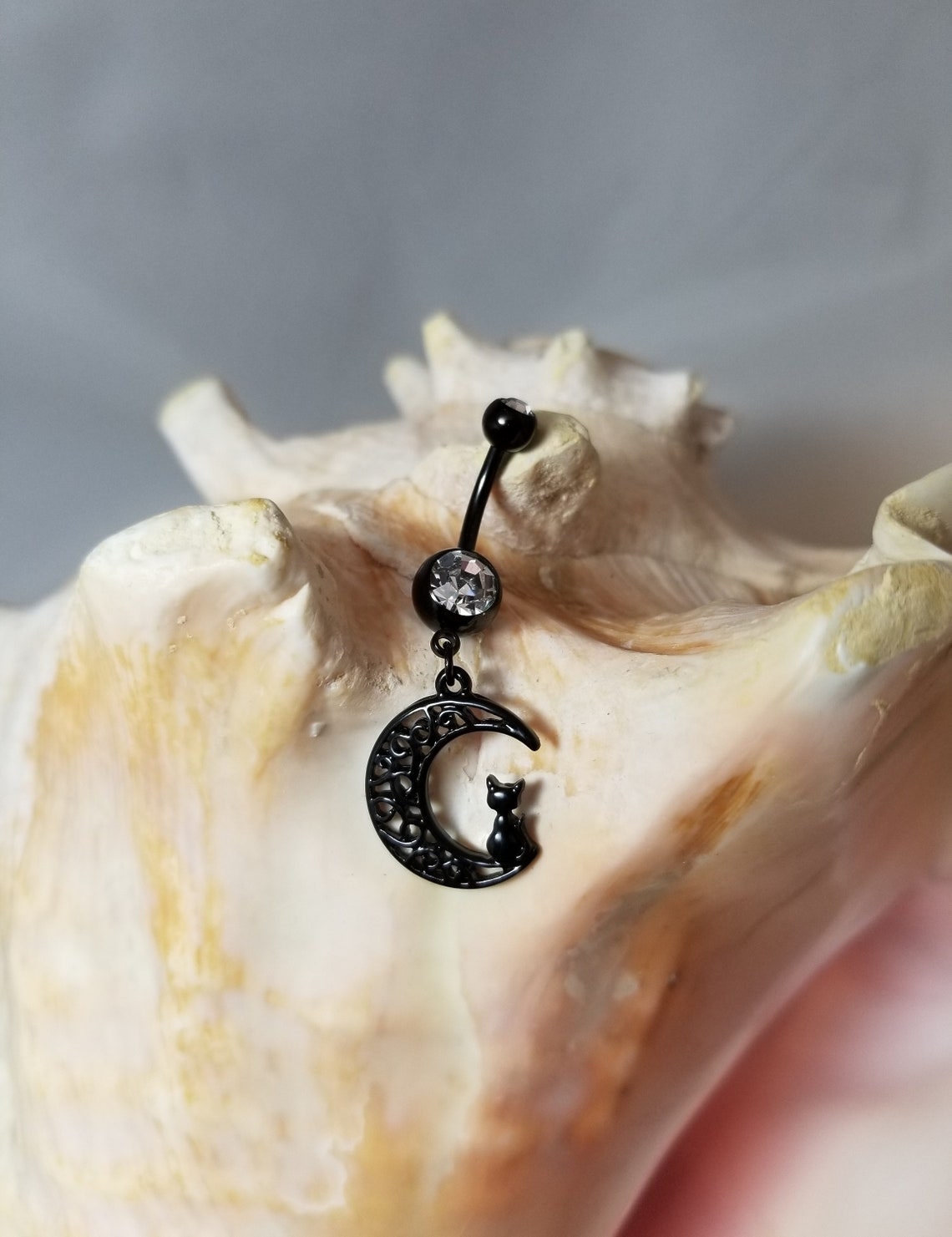 Black Moon and Kitty Cat Belly Ring Dangle Navel Piercing 14G | Etsy