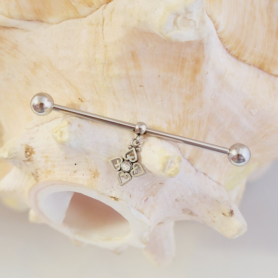 14G Filigree Heart Industrial Barbell With Clear Gem Insert - Etsy