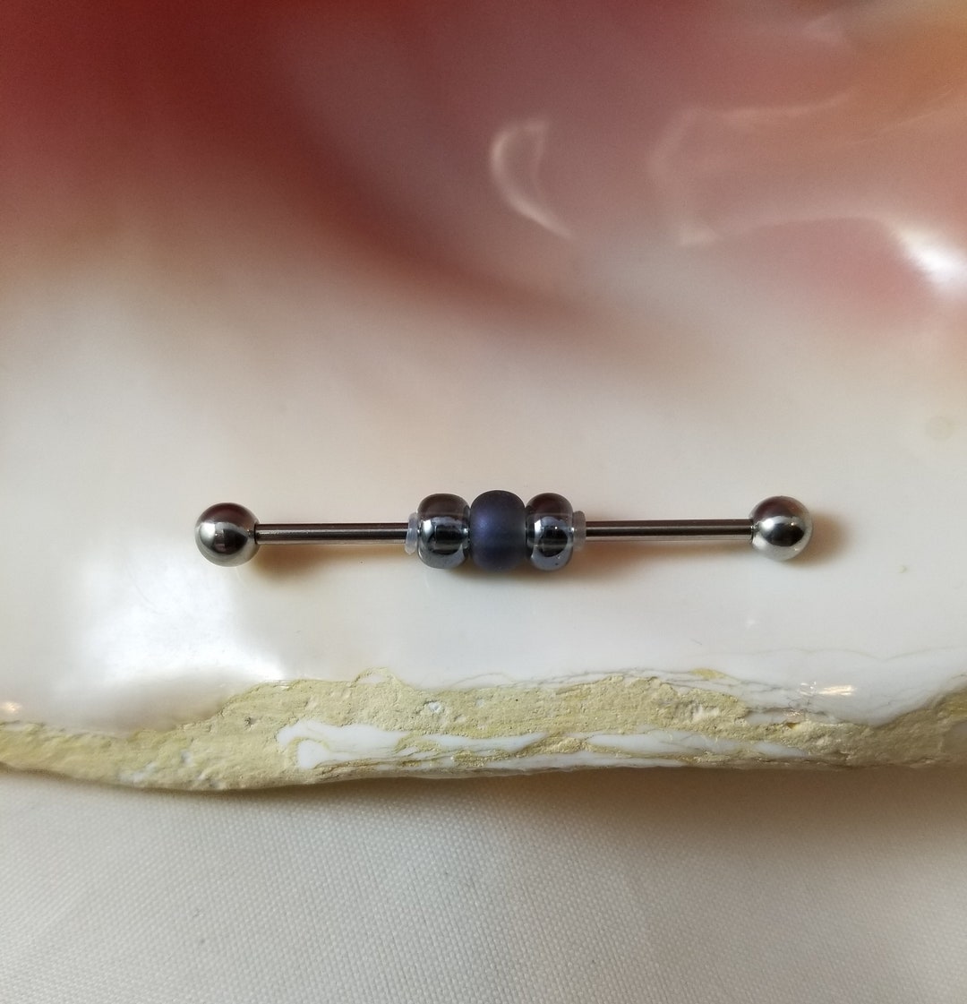 14G Industrial Barbell With 3 Beads Metallic and Opaque 35, 38 or 40mm ...
