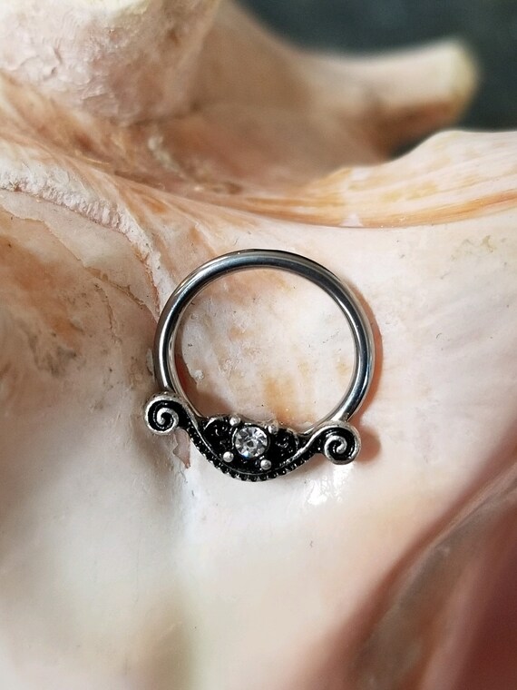 16G Ornate Captive Bead Ring/Septum Ring with Clear Round CZ | Etsy
