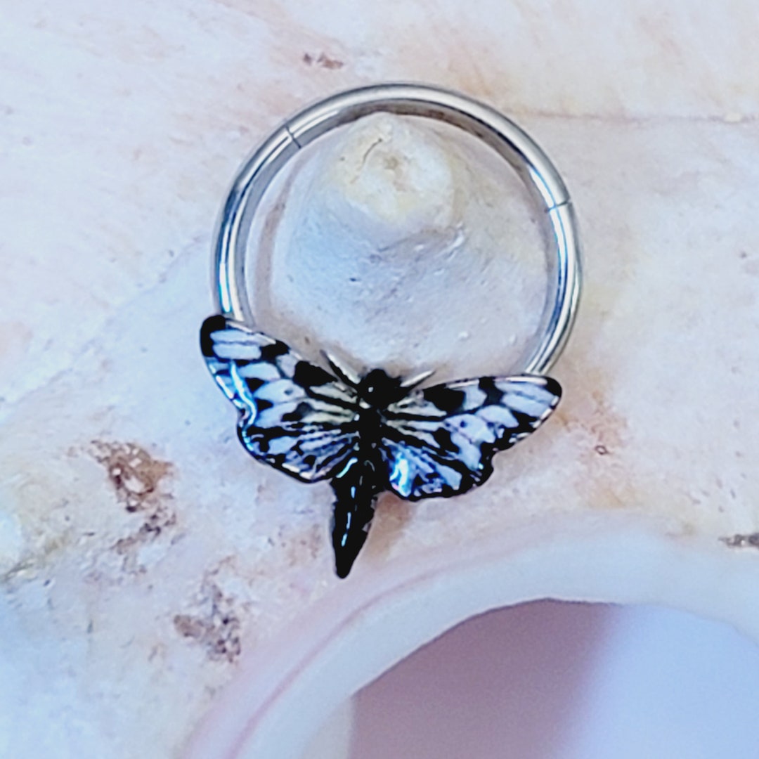 16G Septum Clicker Moth Design Hinged Black and White Enamel Ring - Etsy