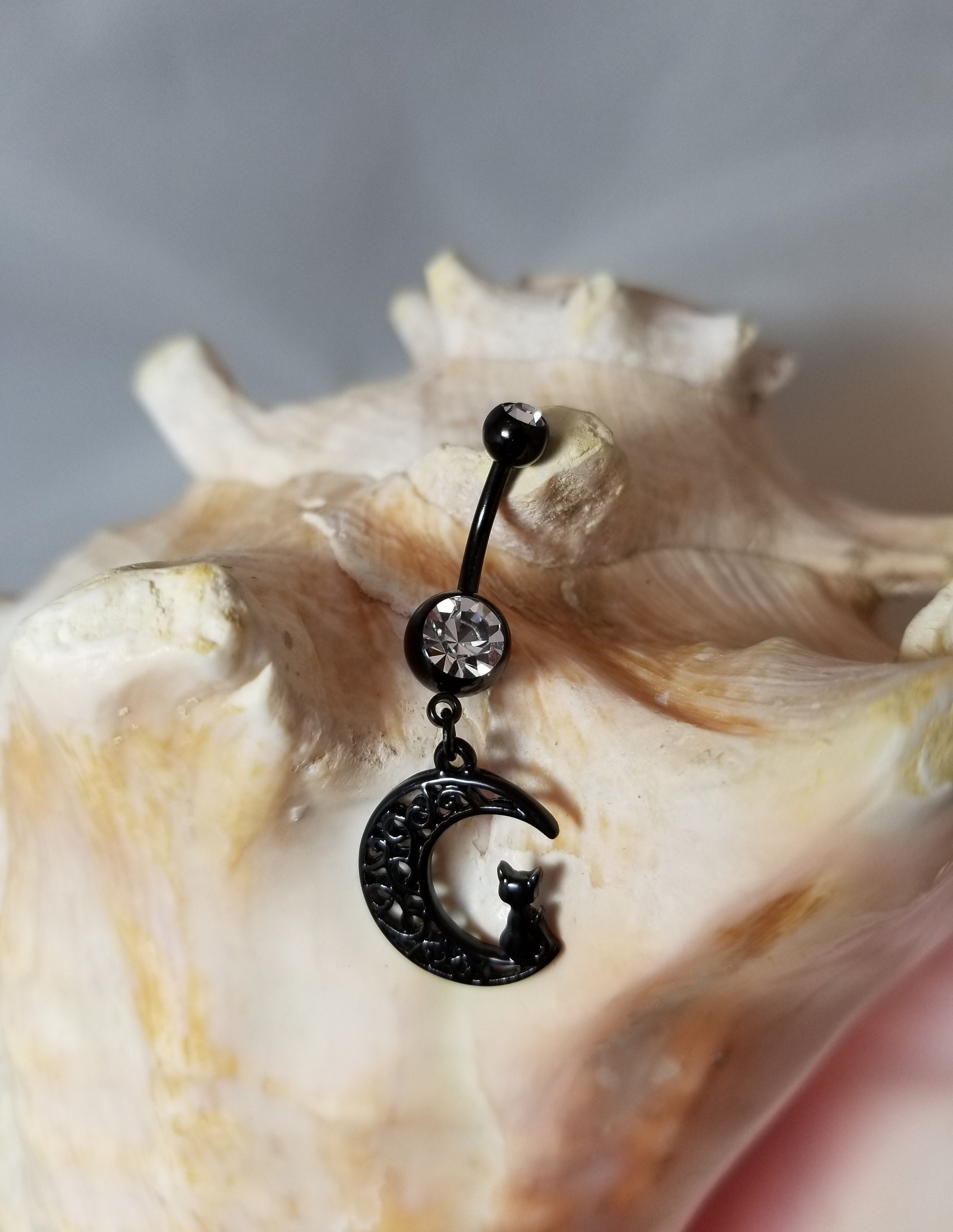 Black Moon and Kitty Cat Belly Ring Dangle Navel Piercing 14G | Etsy