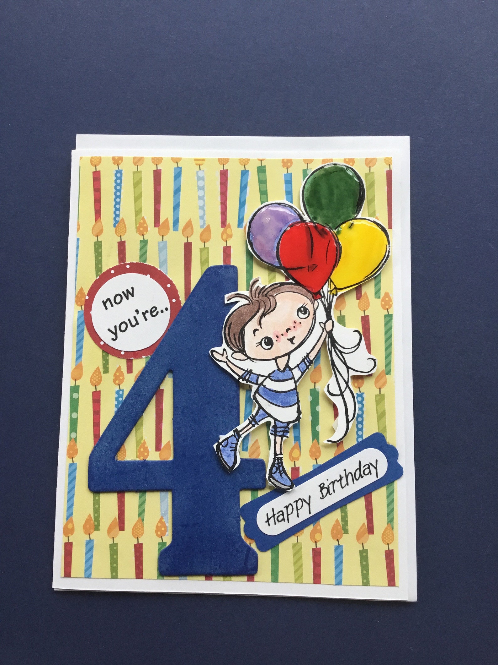 Little Boy With Balloons 4th Birthday Greeting Card Handmade | Etsy