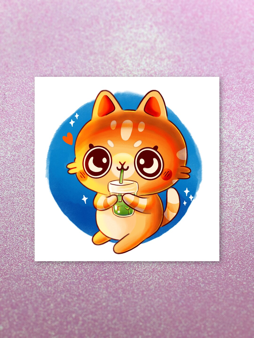 Kitty Drinking Iced Matcha Tea Print | Cute Cat Wall Art | Cute Matcha ...