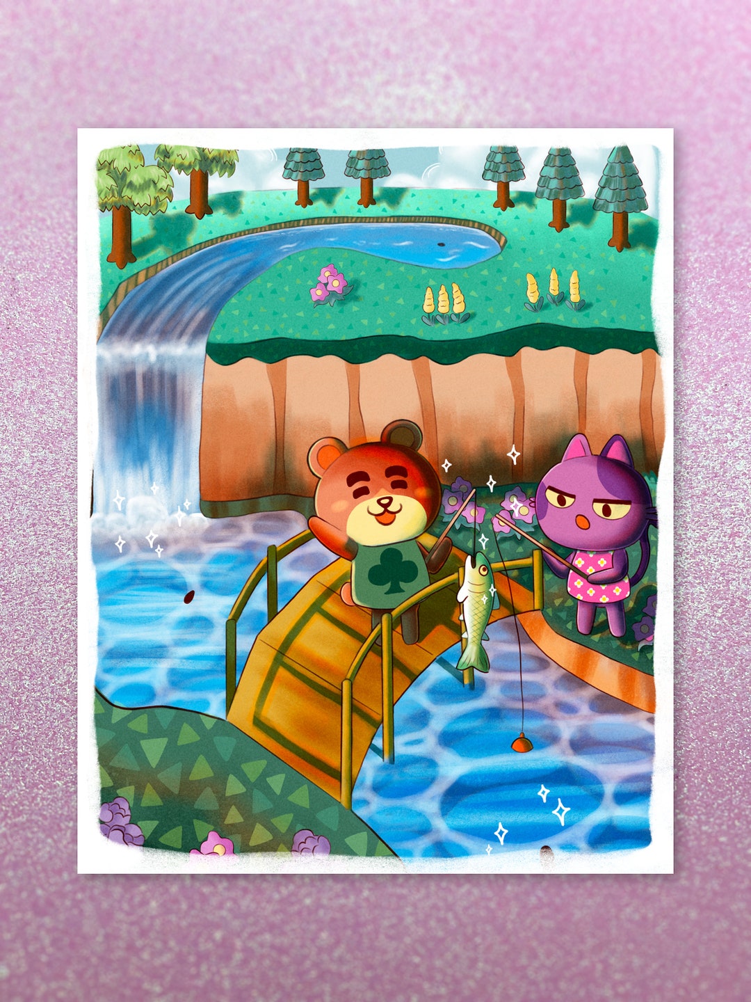 Bear and Purple Cat Print | Cute Animals Fishing Art | Cute Print ...
