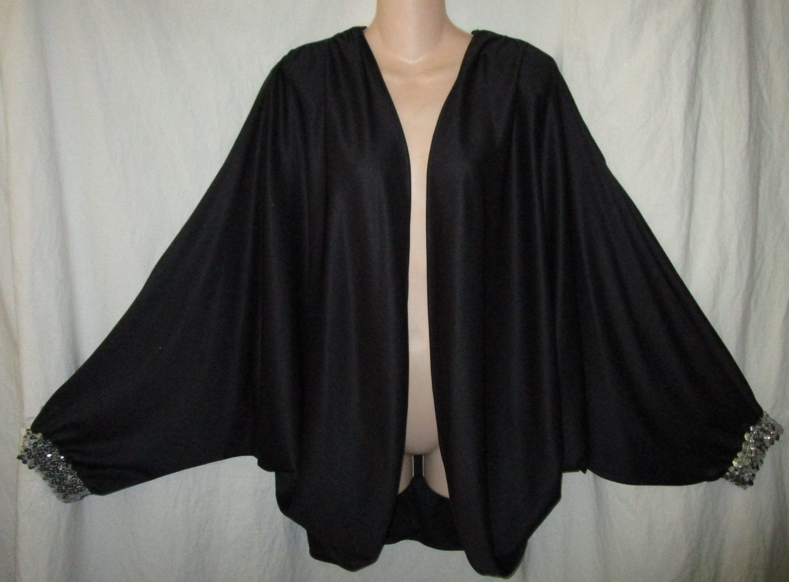 Vintage 70s L XL Black Silver Sequin Dolman Batwing Open Front Cardigan ...