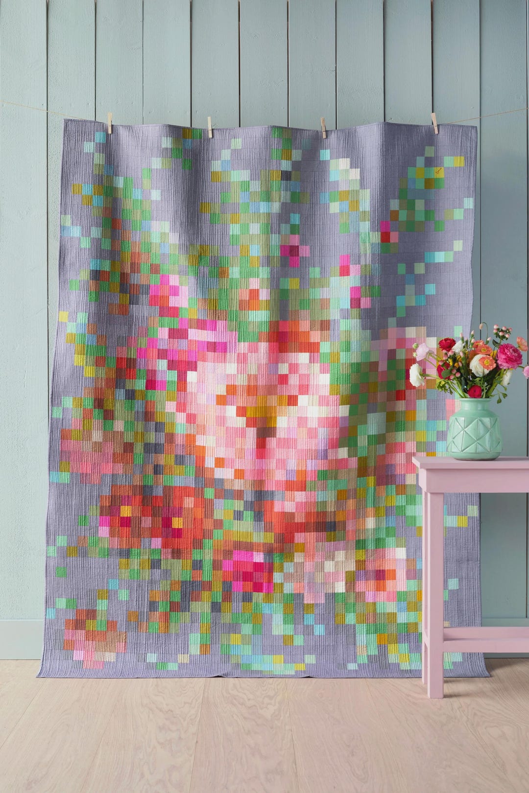 Tilda Flower Bouquet Embroidery Quilt Grey Chambray Precut Quilt Kit ...