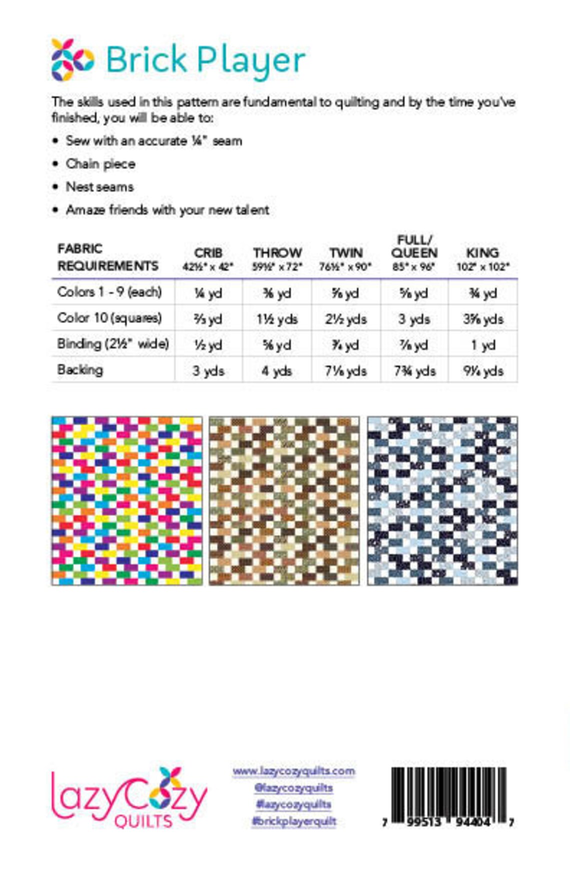 Brick Player PDF Digital Quilt Pattern: 5 Sizes - Etsy