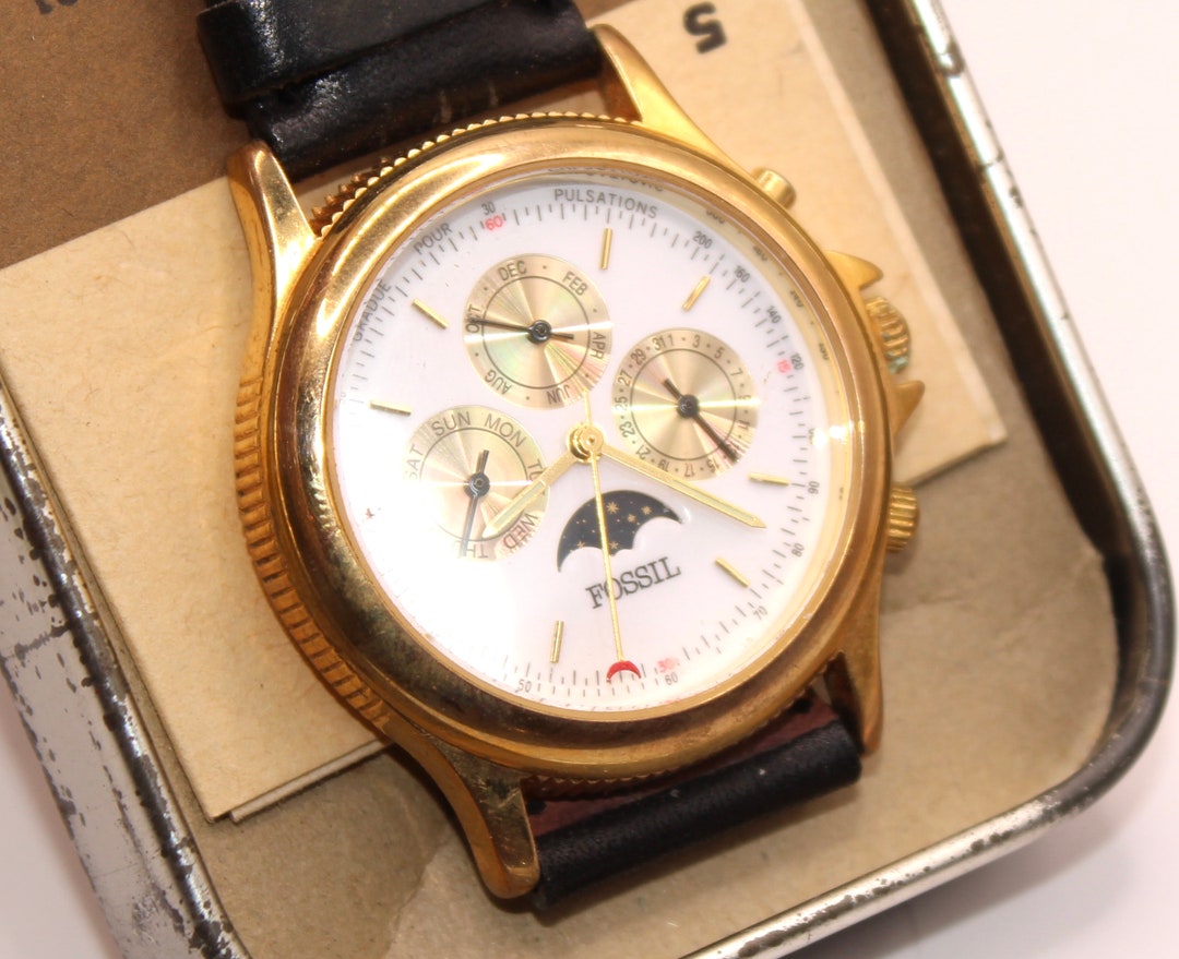 Vintage FOSSIL Moon Phase CHRONOGRAPH Date Men's Wristwatch Leather ...