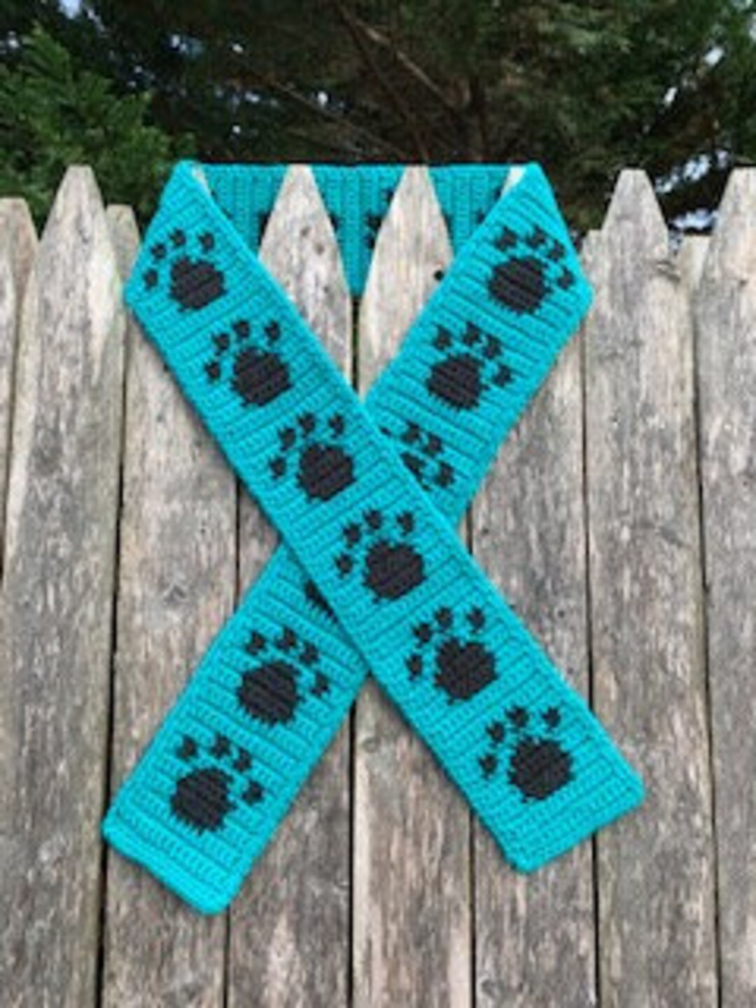 Crocheted Paw Print Scarf - Turquoise & Black - Etsy