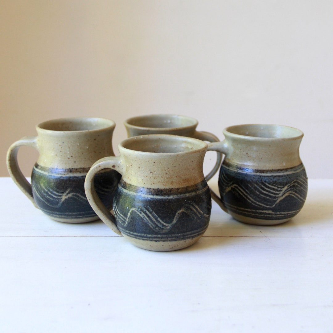 Vintage Pottery Mugs 4 X Earthy Blue Mugs Etched Coffee Cups Australian ...