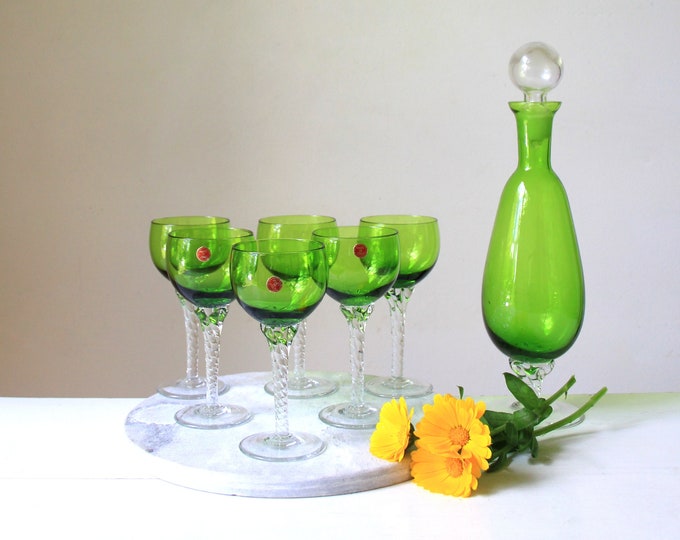 Vintage Sherry Set - 6 Stemmed Glasses - Decanter With Stopper - Green ...