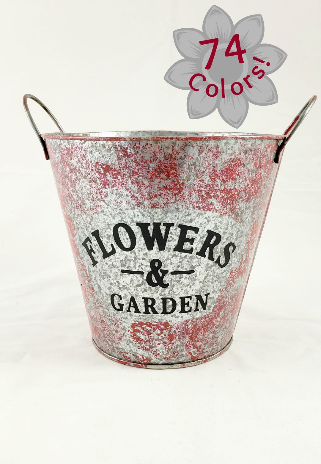 Flower Garden Tin Bucket Hand-painted Red Shabby Chic Rustic Wedding ...