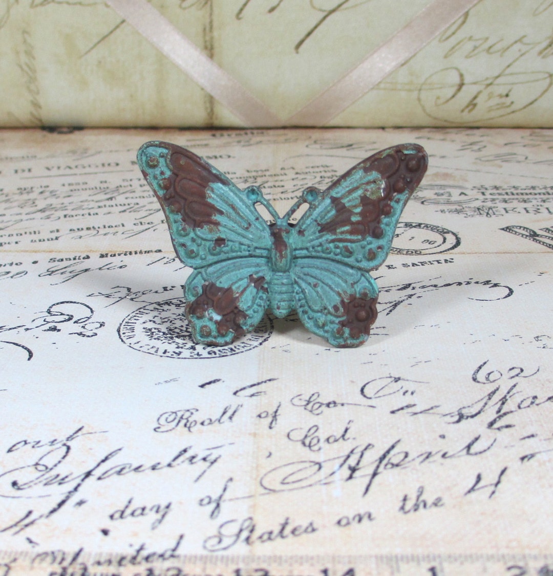 Butterfly Drawer Knob Jade Distressed Rustic Metal Shabby Chic - Etsy