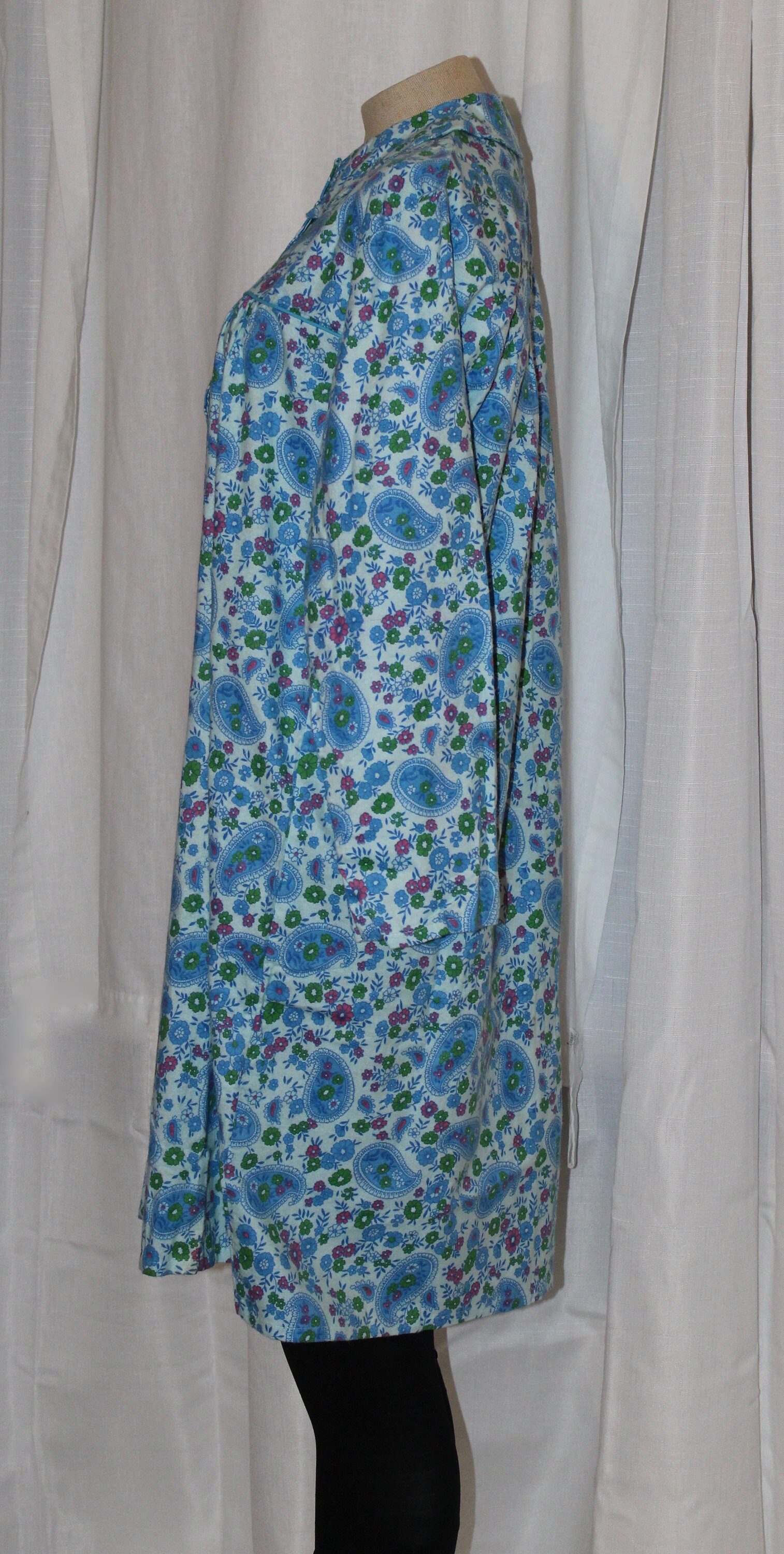 Vintage 70s Flannel Robe Deadstock Blue Paisley Button Front, Knee ...