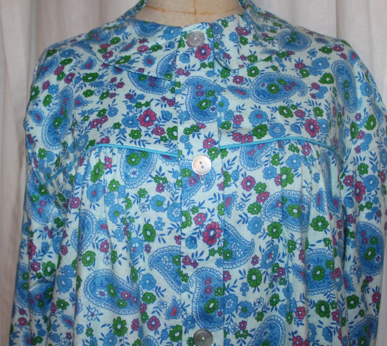 Vintage 70s Flannel Robe Deadstock Blue Paisley Button Front, Knee ...