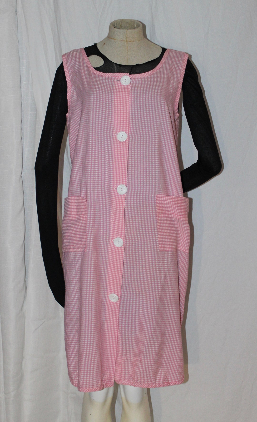 Vintage House Dress, Pink Gingham Sleeveless Button Front, Light Sheer ...