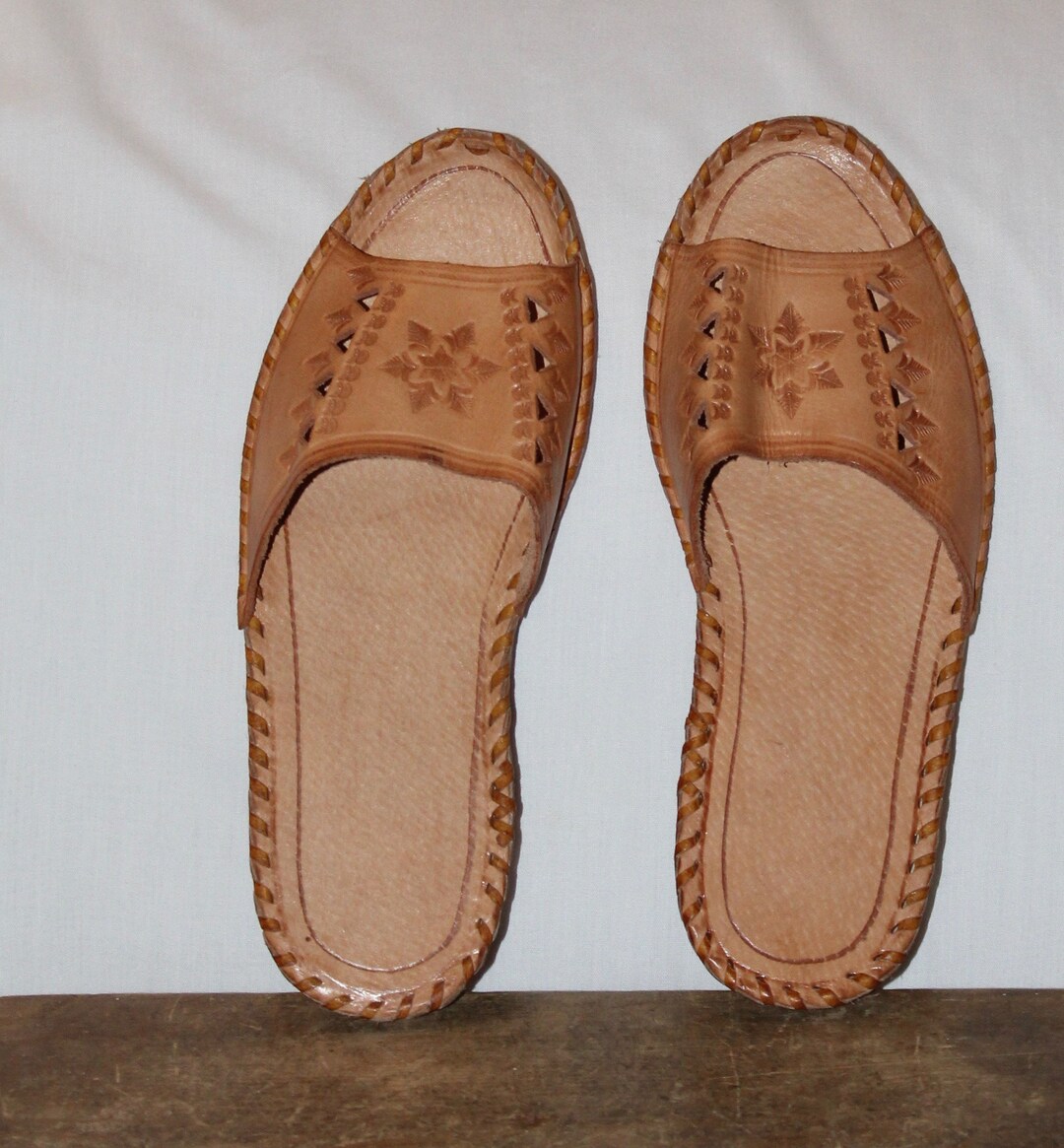 Vintage Leather Slippers, Slides, Stamped Pierced Leather Hand Laced ...