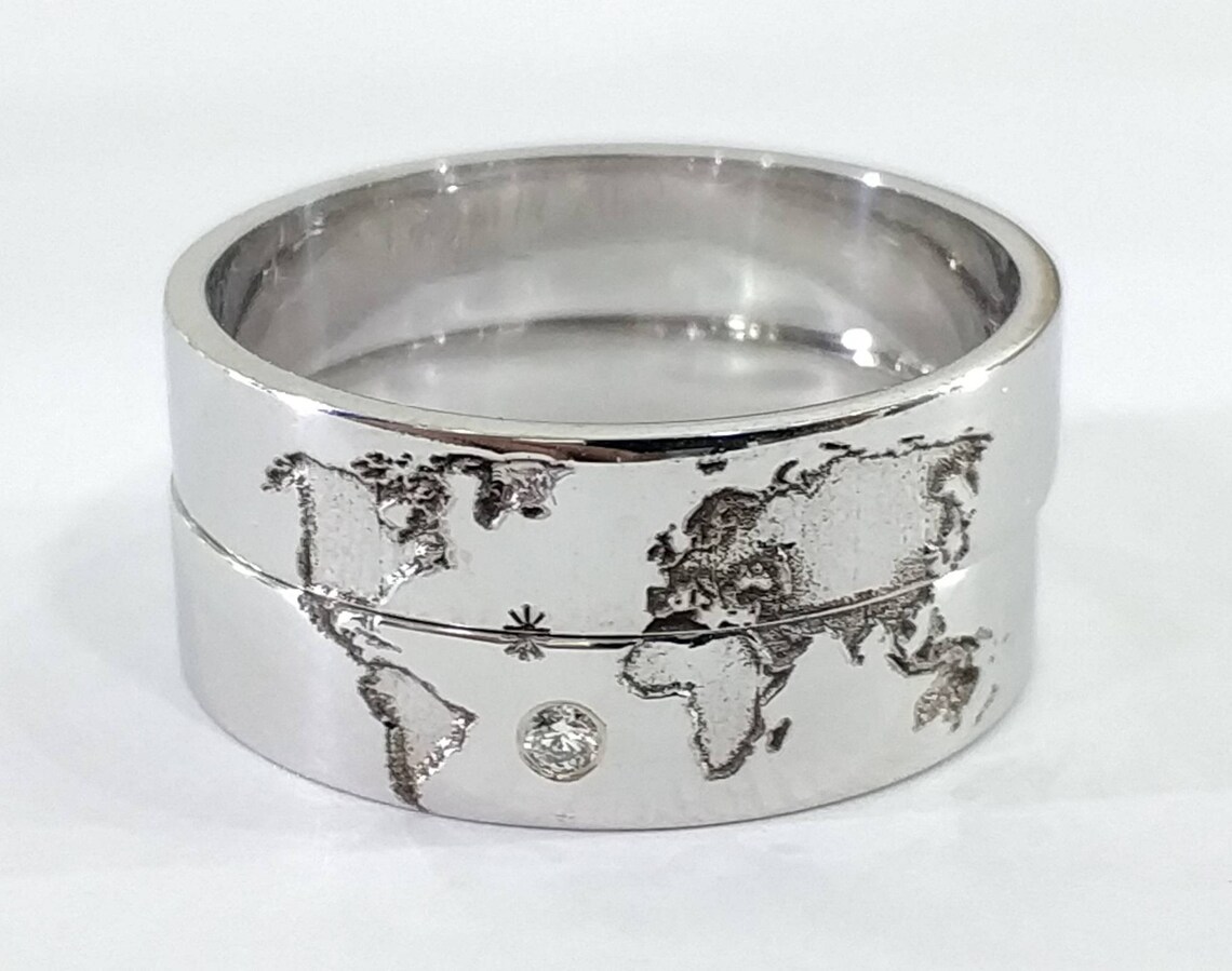 18k Gold World Map Wedding Rings • “flat Earth” Design • Handcrafted ...