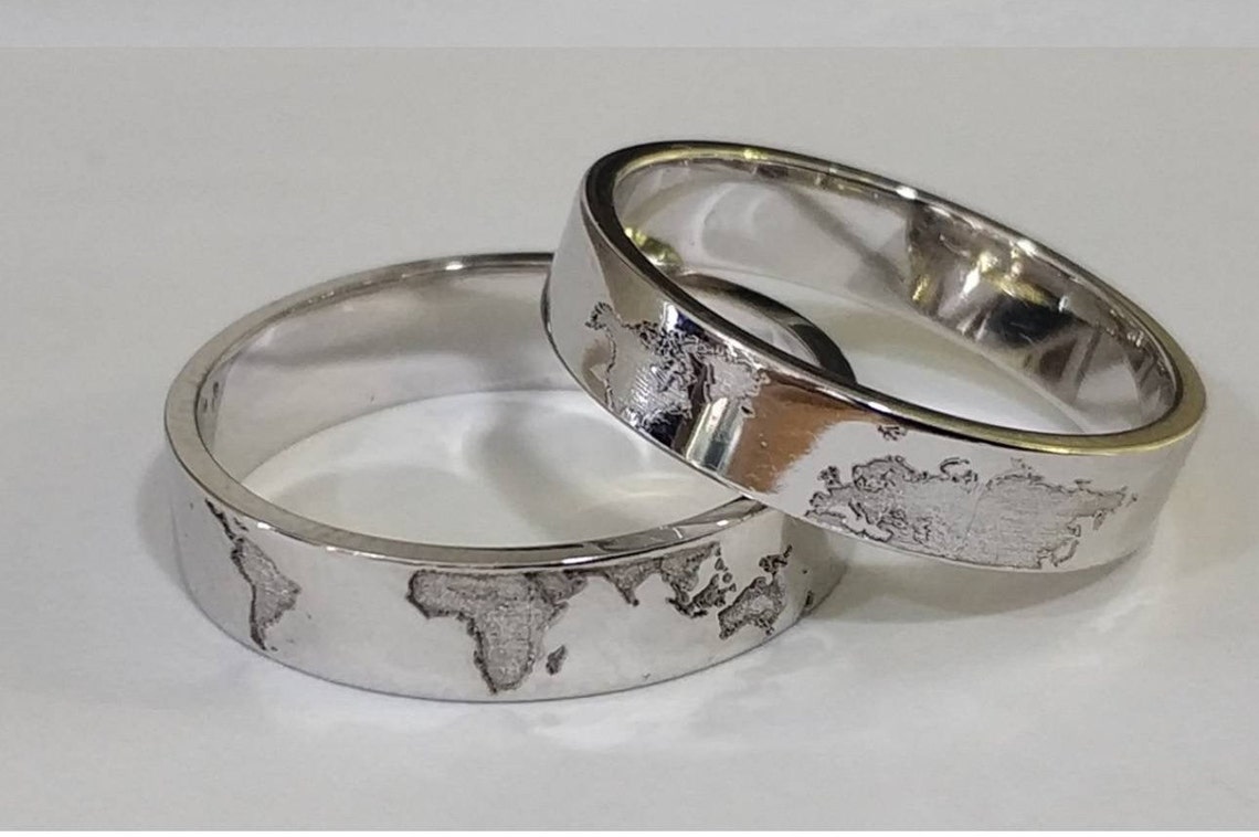 18k Gold World Map Wedding Rings flat Earth Version. Wedding Band ...
