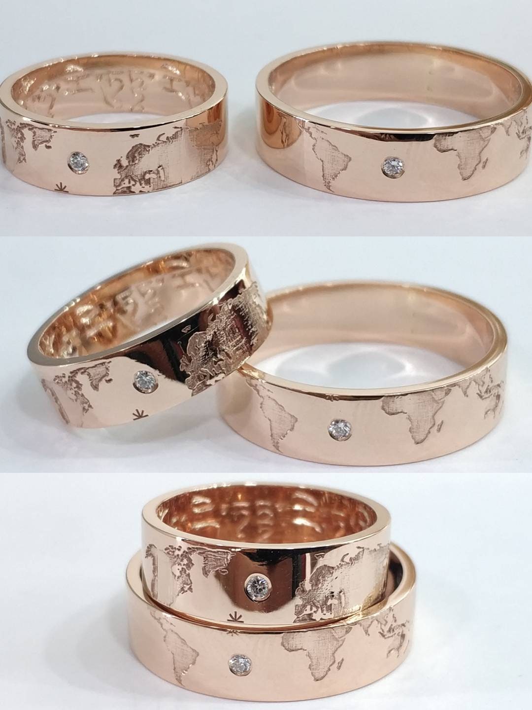 18k Gold World Map Wedding Rings flat Earth Version. Wedding Band ...