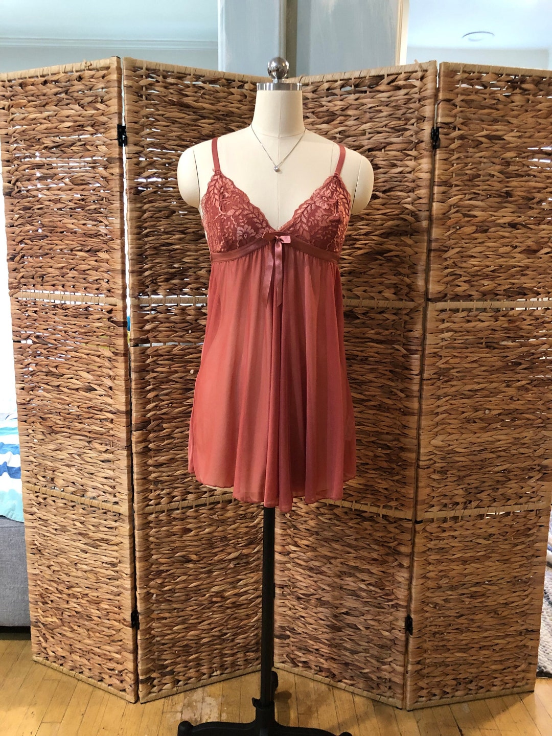 90s Babydoll Lingerie, Ultra Sheer Rose Gold Lace Babydoll Nightgown ...