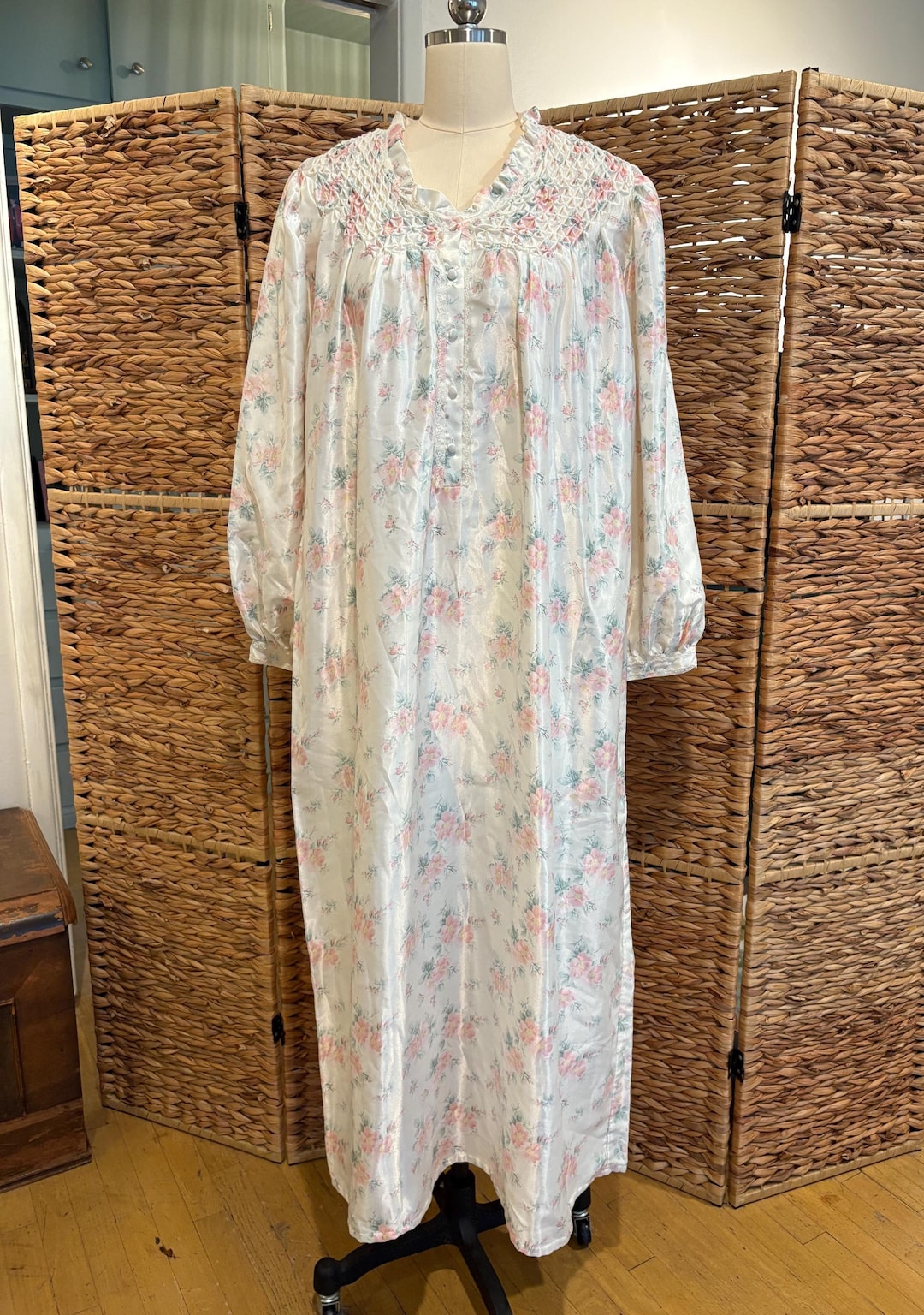 90s Floral Satin Granny Nightgown, Long Aria Vintage Nightgown, MEDIUM ...