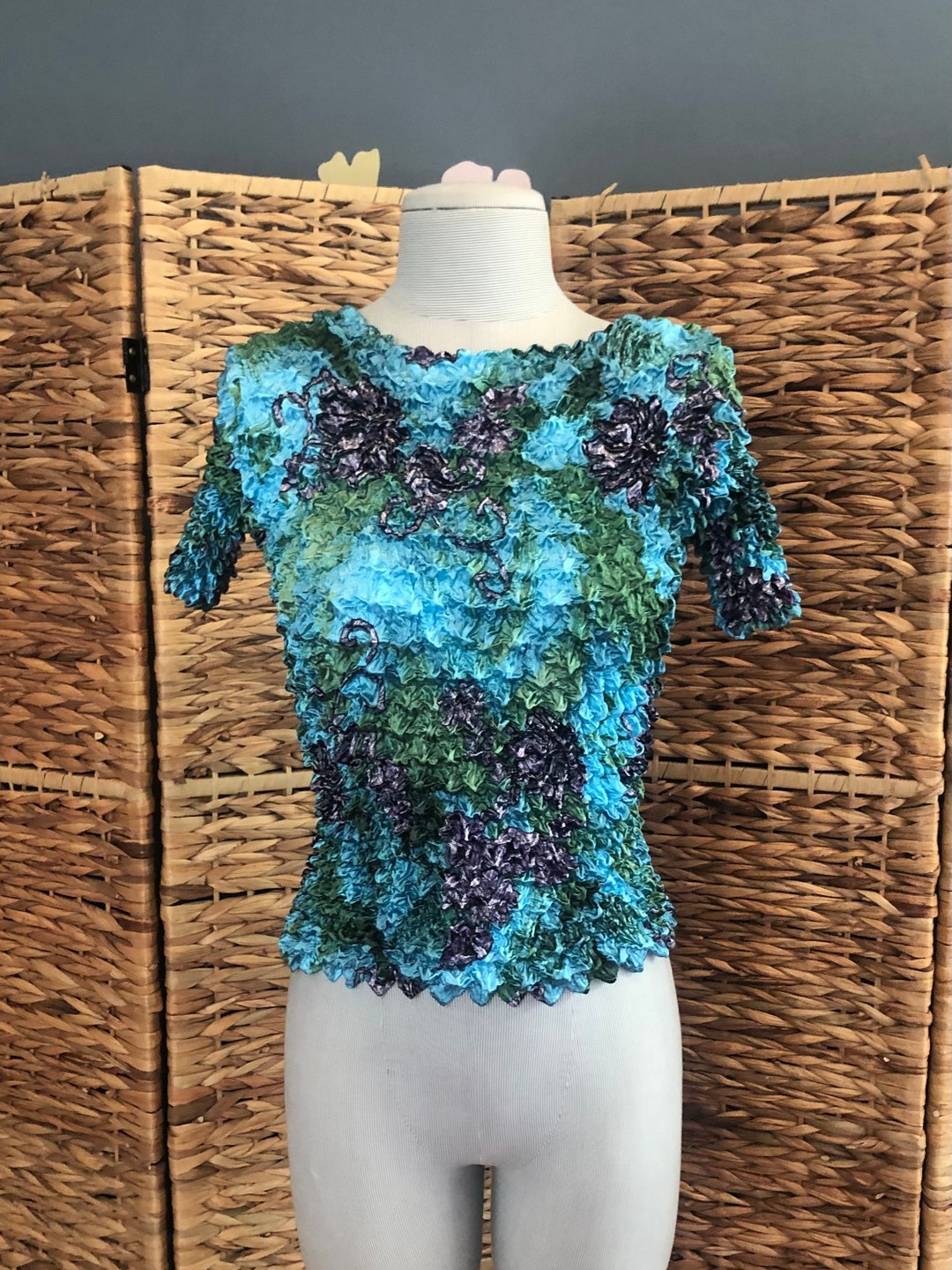 Popcorn Top, Blue Floral Popcorn Top, 90s Y2K Bubble Shirt, Crinkle Top ...