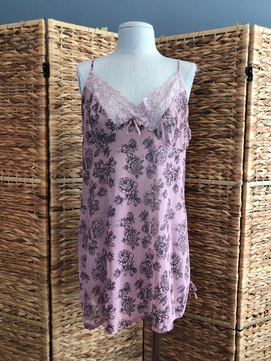 Plus Size Vintage Sheer Rose Gold Babydoll With Black Floral Print ...