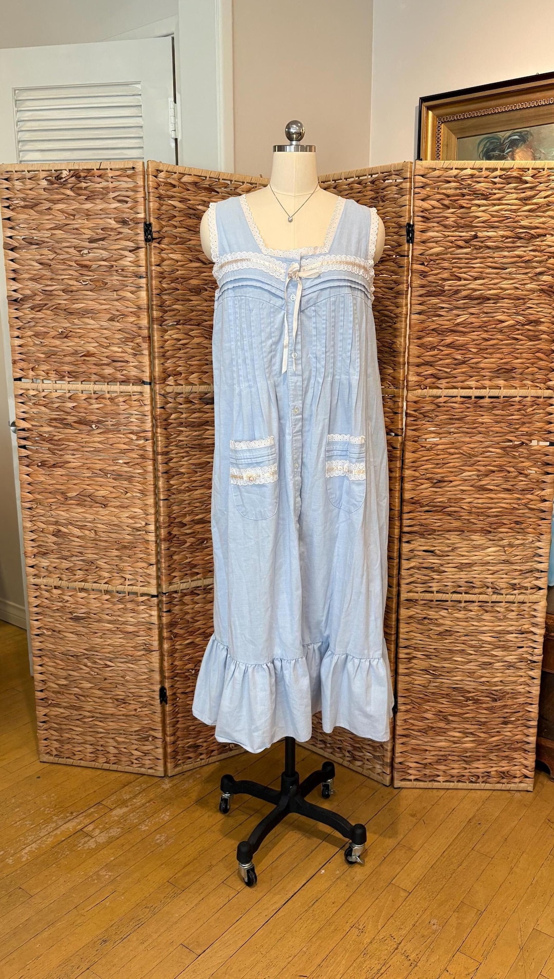 Vintage 1980s Granny Nightgown, Short Jodi Arden Blue Cotton Eyelet ...