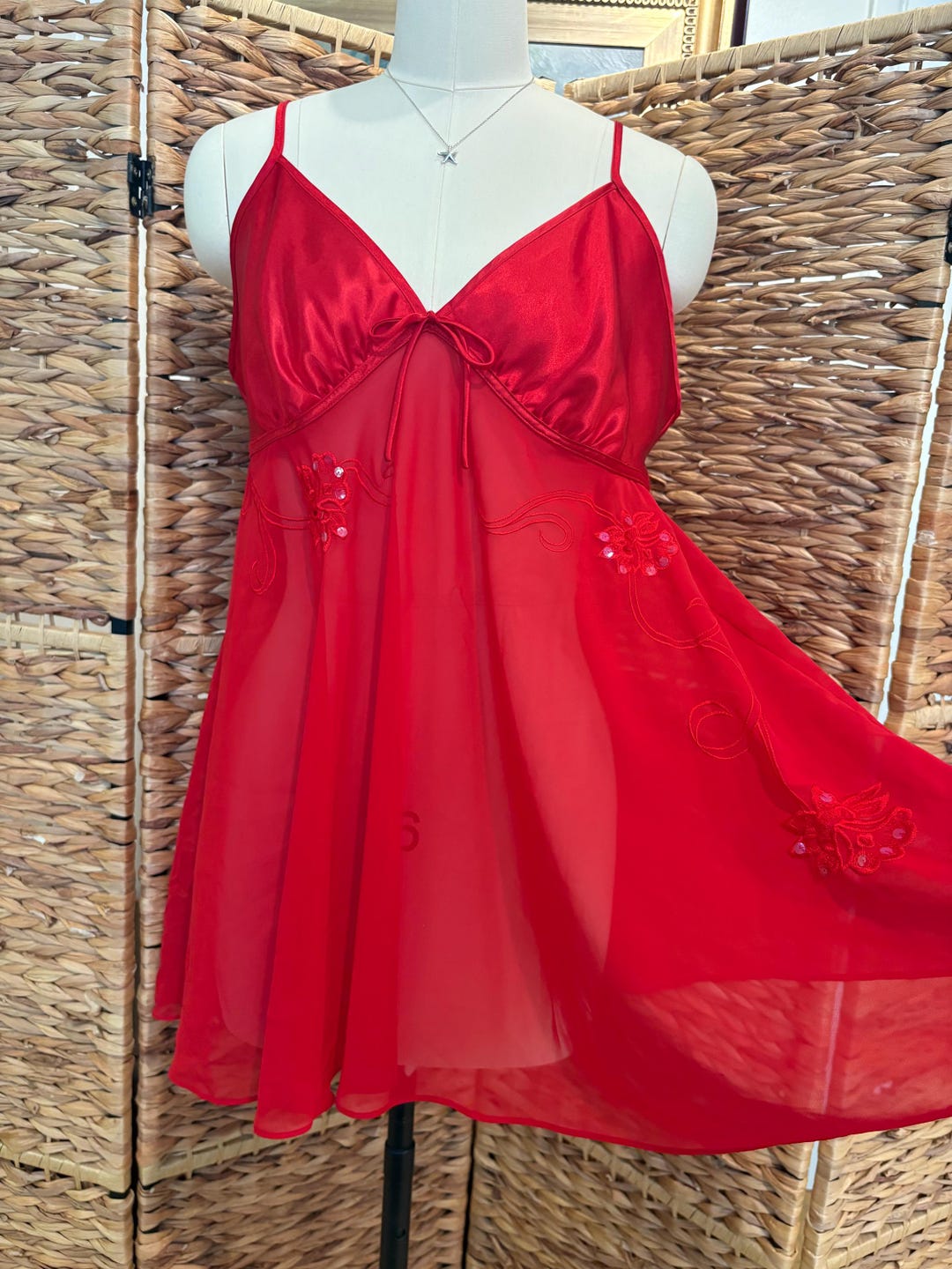 80s Sheer Red Satin Babydoll Lingerie: Sequin Embroidery, Bridal ...