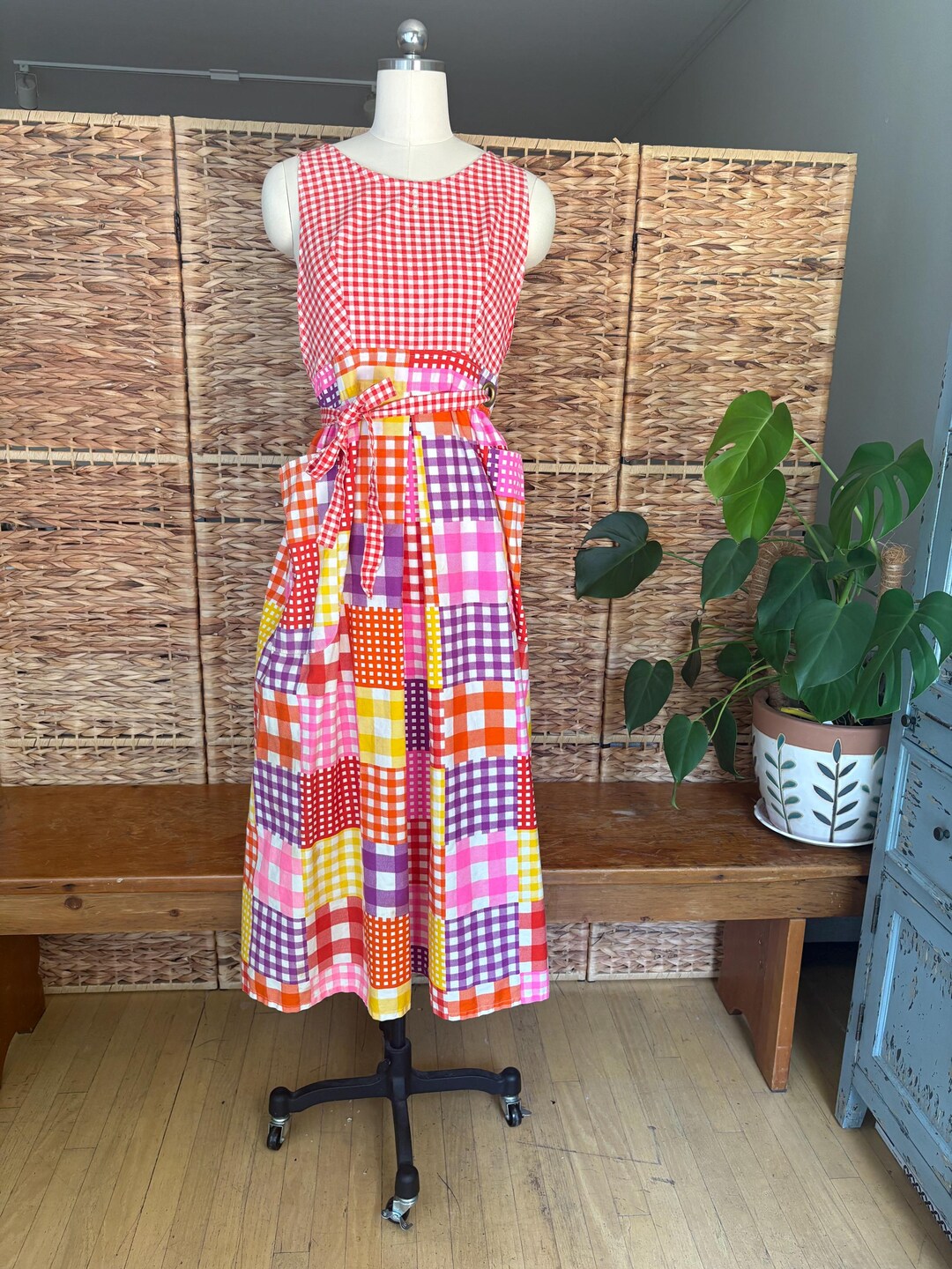 70s Design House Japan Gingham Apron Dress, Vintage Wrap Dress, Small ...