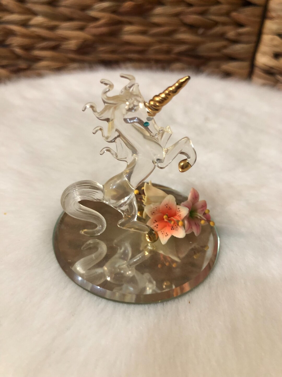 80s Glass Unicorn on a Mirror, Vintage Unicorn Figurine, Mythical ...